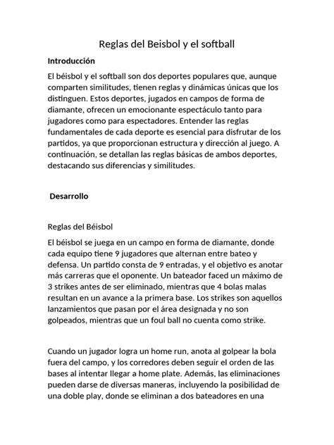 Reglas Y Diferencias Softbol Vs Beisbol Pdf Sofbol Campo De Béisbol