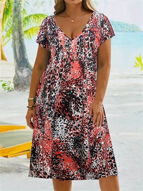 Plus Size Elegant Dress Womens Plus Floral Print Short Sleeve Square