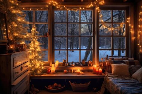 Premium Ai Image Warm Glow Of Christmas Lights In A Cozy Winter Cabin Window Created With