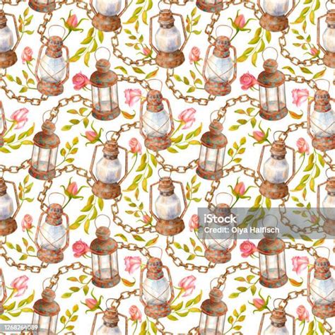 빈티지 스타일의 수채화 매끄러운 패턴 꽃 요소 체인 및 오래된 등유 램프 손으로 그린 등불 마른 장미 꽃 포장 카드 종이에 대한 흰색 배경에 고립 된 잎 가을에 대한 스톡