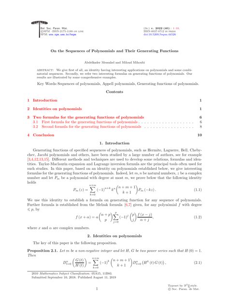Pdf On The Sequences Of Polynomials And Their Generating Functions