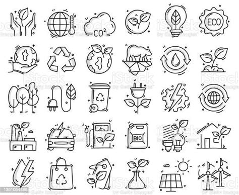 생태 및 환경 관련 개체 및 요소 손으로 그린 벡터 낙서 일러스트 레이션 컬렉션 손으로 그린 아이콘 세트입니다 아이콘에 대한 스톡 벡터 아트 및 기타 이미지 Istock