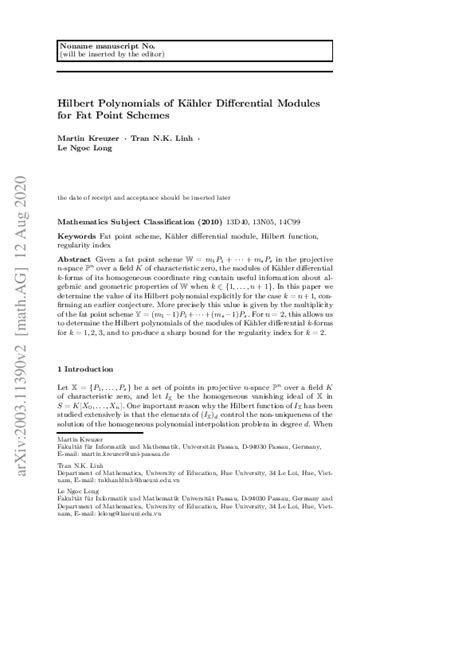 Pdf Hilbert Polynomials Of Kähler Differential Modules For Fat Point