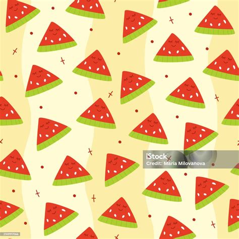 노란색 배경에 귀여운 눈을 가진 손 그리기 수박 과일의 완벽 한 패턴 여름 녹색 빨간색 분홍색 과일 배경 벡터 일러스트 레이 션 플랫 낙서 만화 스타일 심플한 디자인이