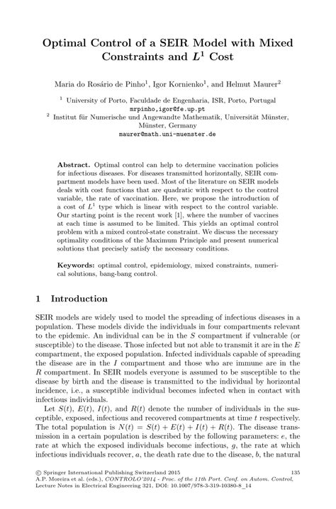Pdf Optimal Control Of A Seir Model With Mixed Constraints And L1 Cost