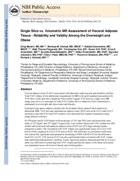 Pdf Single Slice Vs Volumetric Mr Assessment Of Visceral Adipose Tissue Reliability And
