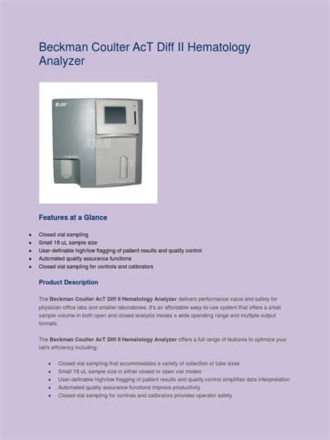 Beckman Coulter Act Diff Ii Hematology Analyzer Pdf
