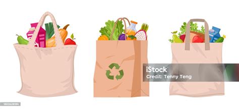 재사용 가능한 식료품 가방 만화 에코 쇼핑백 야채와 과일 플랫 벡터 일러스트 세트 제로 웨이스트 가방 폐기물 섬유 쇼핑백 없음