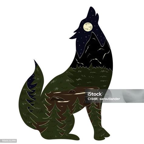 내부에는 늑대와 자연의 실루엣의 형태로 그래픽 일러스트 수평선에 숲과 산으로 둘러싸인 밤 풍경 글레이드 티셔츠 참호 또는 커버에 대 한 그림 예술에 대한 스톡 벡터 아트 및