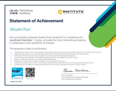 Khushi Puri On Linkedin Javascript Cisconetworkingacademy Programming Certificate