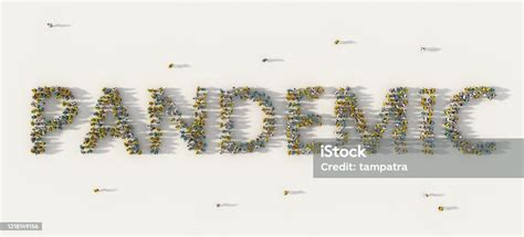 흰색 배경에 소셜 미디어와 지역 사회 개념에 전염병 문자 텍스트를 형성하는 사람들의 큰 그룹 위에서 군중 그림의 3d 기호가 함께 모여 18 19세에 대한 스톡 사진 및