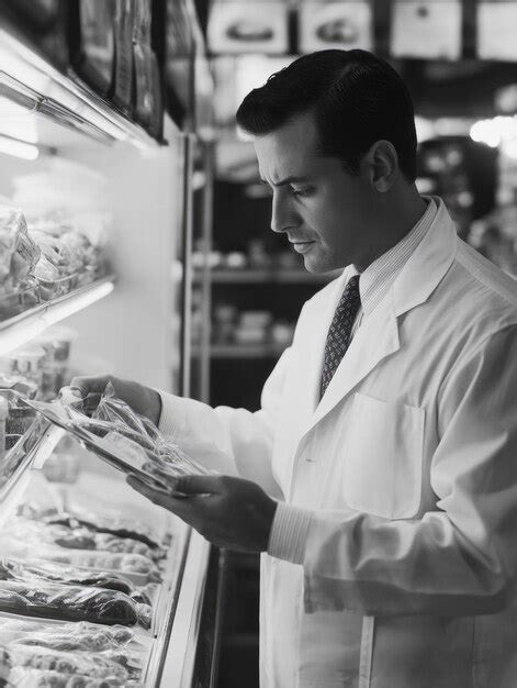 Man Inspecting Meat Display Premium Ai Generated Image