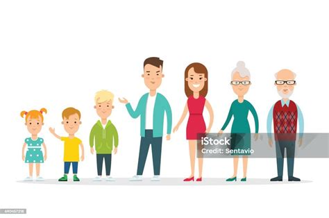 평평한 라인 벡터 일러스트 레이 션에 서 있는 행복 한 가족 라이프 사이클 개념입니다 어린이 부모 조부모 가족에 대한 스톡 벡터 아트 및 기타 이미지 Istock