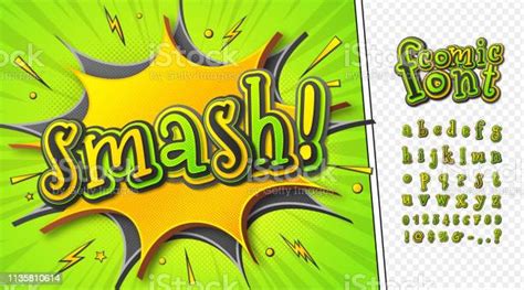 3d 카툰 만화 글꼴입니다 팝 아트의 스타일에서 아이의 알파벳 다층 재미 노란색만화 책 페이지에 녹색 문자 연설 거품 어린이