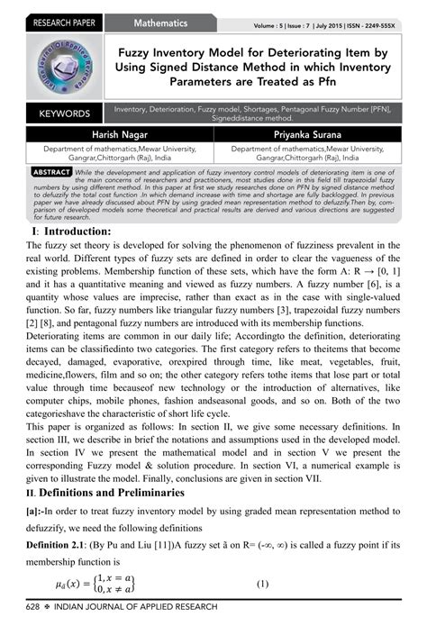 Pdf Fuzzy Inventory Model For Deteriorating Item By Using Signed Distance Method In Which