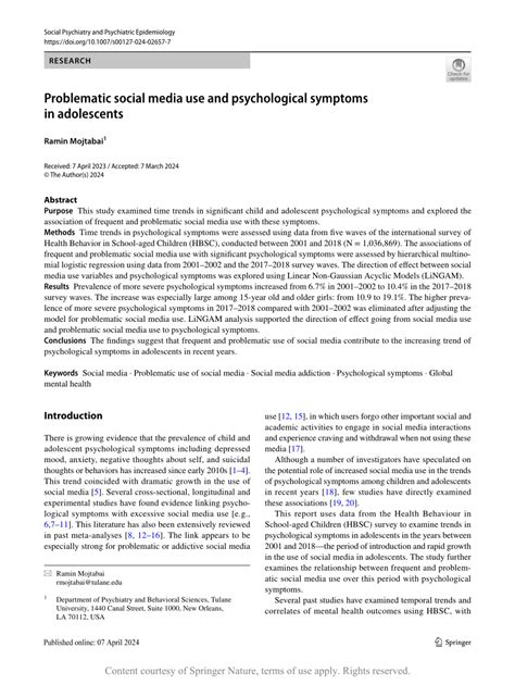 Pdf Problematic Social Media Use And Psychological Symptoms In Adolescents