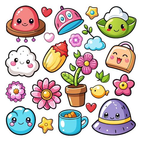 Cute Cartoon Objects Including A Spaceship Cloud Flower And Pea Pod