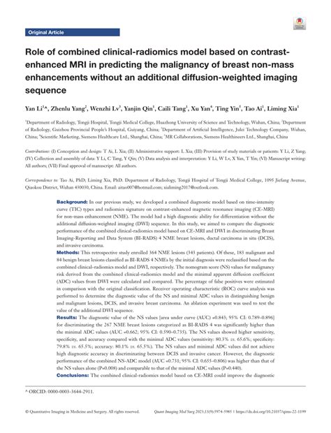 Pdf Role Of Combined Clinical Radiomics Model Based On Contrast Enhanced Mri In Predicting The