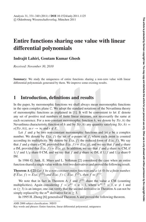 Pdf Entire Functions Sharing One Value With Linear Differential