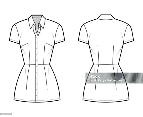 클래식 칼라 미니 길이 몸에 맞는 연필 충만 버튼 업 셔츠 드레스 테크니컬 패션 일러스트 0명에 대한 스톡 벡터 아트 및 기타 이미지 Istock