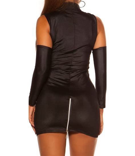 Wetlook Mini Jurkje Met Rits Handschoenen Zwart Classywear