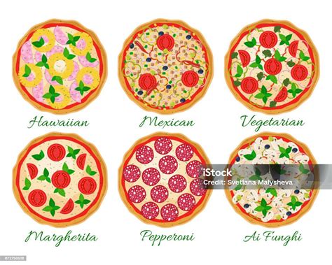 피자의 집합입니다 하와이 마르게리타 페퍼로니 채식 멕시코 버섯 피자 피자 재료입니다 개체 그룹에 대한 스톡 벡터 아트 및 기타 이미지 Istock