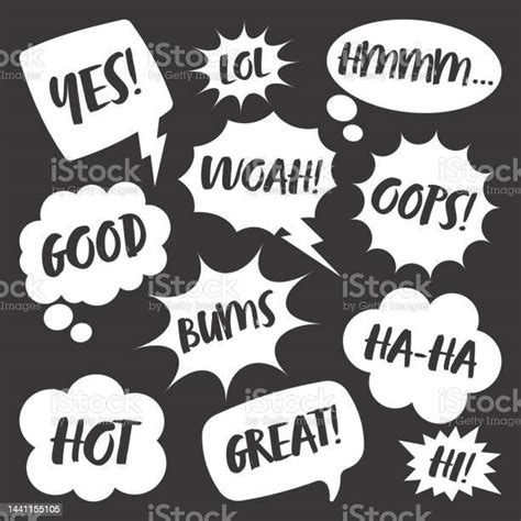 어두운 배경에 손으로 쓴 텍스트가 있는 흰색 만화 연설 거품 손으로 그린 복고풍 만화 스티커 팝 아트 스타일 벡터 그림 개체