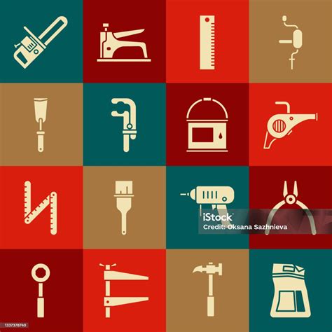 시멘트 가방 플라이어스 도구 리프 가든 송풍기 통치자 클램프 퍼티 나이프 전기 톱 및 페인트 버킷 아이콘을 설정합니다 벡터 갈고리 발톱에 대한 스톡 벡터 아트 및 기타