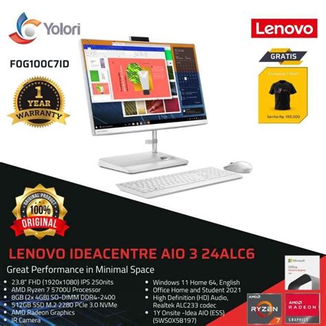 Jual Lenovo IdeaCentre AIO 3 24ALC6 R7 5700U 8GB 512GB AMD Radeon Windows 11 OHS 2021 Di