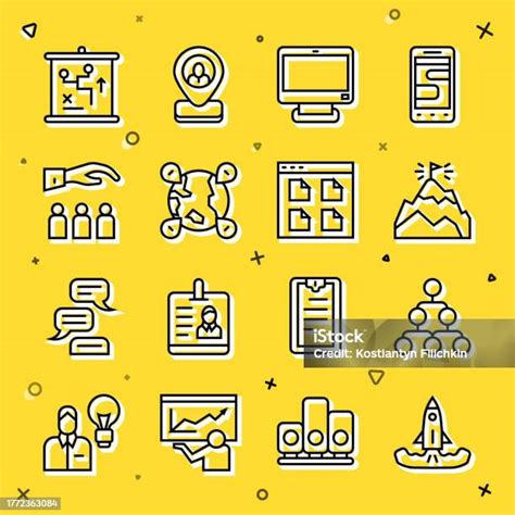 세트 라인 로켓 계층 구조 조직도 차트 깃발이 있는 산 컴퓨터 모니터 지구본 위치 보스 직원 계획 전략 개념 및 브라우저 파일 아이콘 벡터 Brand Name Online