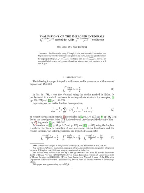 Evaluations Of The Improper Integrals Cos Sen Pdf Sine