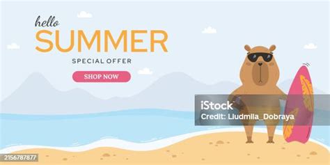 여름 세일 프로모션 가로 배너입니다 모래 해변에서 서핑 보드를 가진 재미 있는 카피바라 웹 사이트 전단지 및 포스터에 적합합니다 벡터 일러스트 레이 션 Advertising