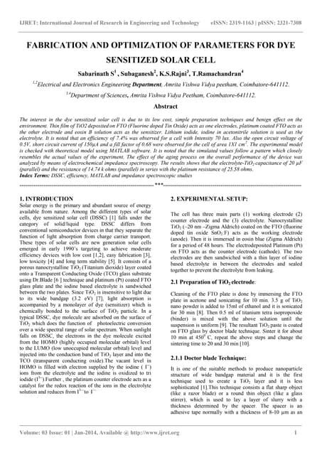 Fabrication And Optimization Of Parameters For Dye Sensitized Solar Cell Pdf