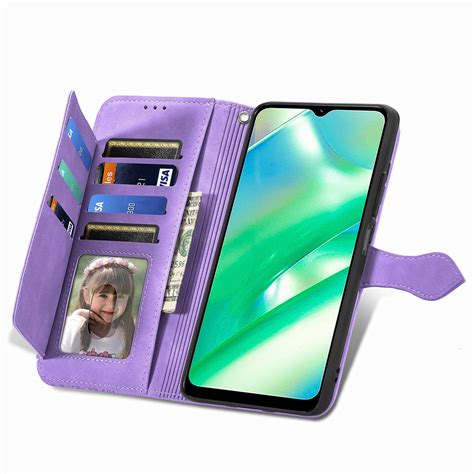 For Realme C33 Embossed Flower Zipper Leather Phone Case Purple
