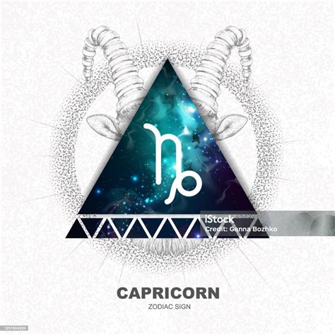 공간 배경에 점성술 염소 자리 조디악 기호와 현대 마술 마술 카드 현실적인 손 그리기 램 또는 Mouflon 머리 점성술 기호에