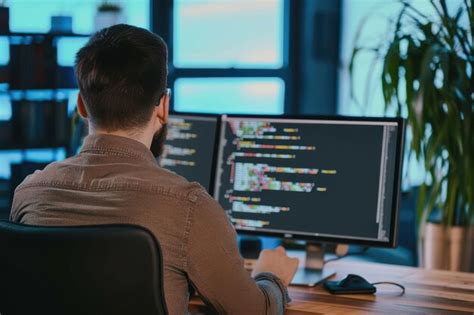 Computer Coding Software Development And Programmer Man Writing Code For Cybersecurity Analytics