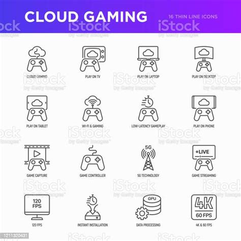 클라우드 게임 얇은 라인 아이콘 세트 노트북 120 Fps 낮은 대기 시간 게임 플레이 게임 패드 와이파이 즉시 설치 라이브 스트리밍 게임 컨트롤러 5g 기술에서 재생할 수