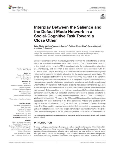 Full Article Interplay Between The Salience And The Default Mode Network In A Social Cognitive