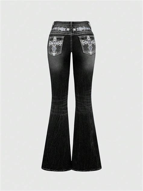 Romwe Grunge Punk Y2k Vintage Flare Jeans For Women Pocket Cross Wing Embroidery Slim Fit