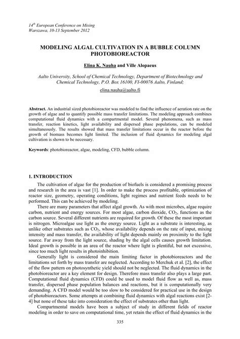 Pdf Modeling Algal Cultivation In A Bubble Column Photobioreactormixing14 Eu P Mixing14eu 55