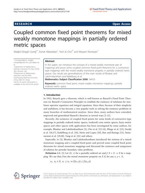 Pdf Coupled Common Fixed Point Theorems For Mixed Weakly Monotone Mappings In Partially