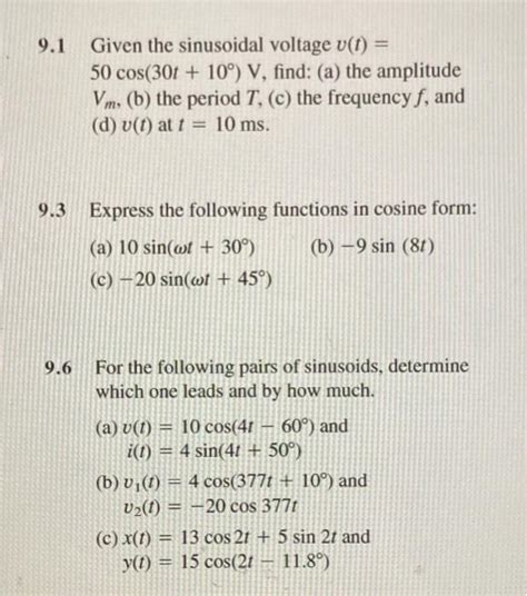 Solved Given The Sinusoidal Voltage V T Chegg