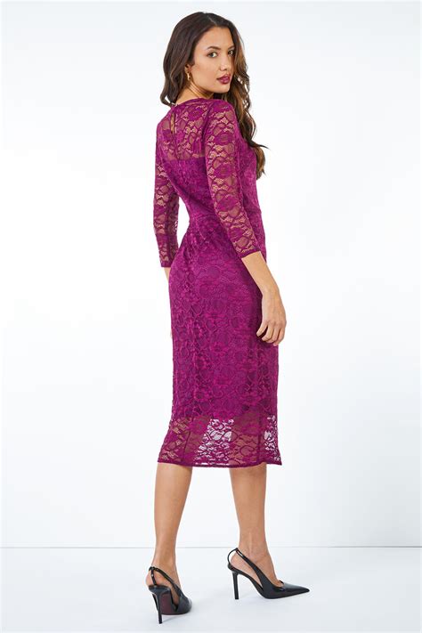 Stretch Lace Overlay Midi Dress In Wine Roman Originals Uk