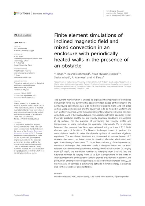 PDF Finite Element Simulations Of Inclined Magnetic Field And Mixed Convection In An Enclosure