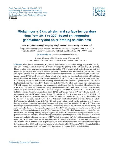 Pdf Global Hourly 5 Km All Sky Land Surface Temperature Data From 2011 To 2021 Based On