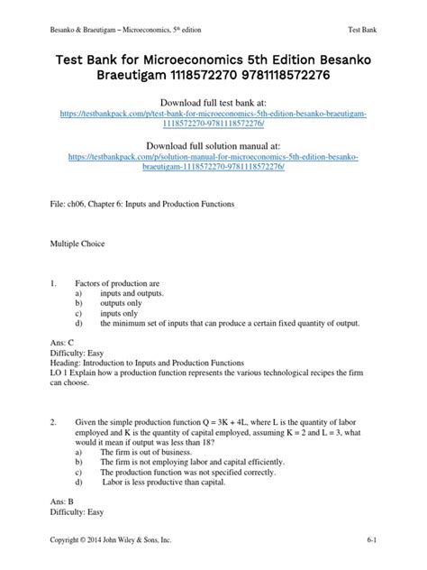 Microeconomics 5th Edition Besanko Test Bank Download Pdf Production Function Labour Economics