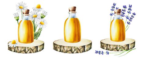 나무 톱에 코르크 캡이 달린 수채화 기름 유리병은 흰색 배경에 분리된 카모마일과 라벤더로 자른다 미용 제품 및 식물학 요소 미용