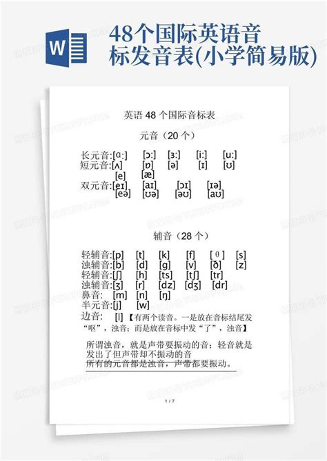48个国际英语音标发音表 小学简易版 Word模板下载 编号lwpjvvxe 熊猫办公