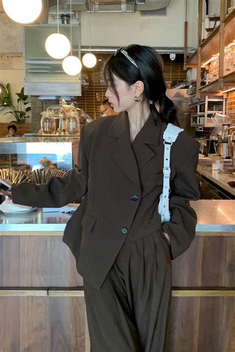 하프닌 세트단품 문스 브라운 정장 언발 버튼 플랩 블레이저 자켓 하이웨스트 핀턱 와이드 롱 팬츠 오버 루즈핏 수트 투피스