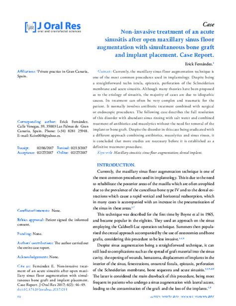 Pdf Non Invasive Treatment Of An Acute Sinusitis After Open Maxillary Sinus Floor Augmentation